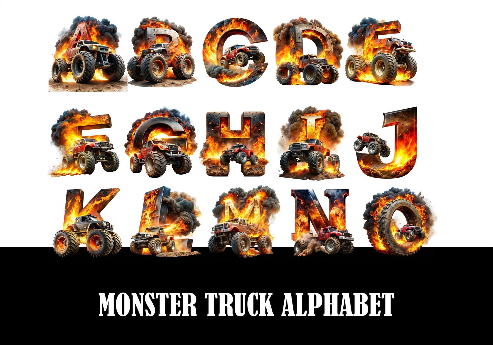 Monster Truck Alphabet Font Clipart Png Download Sublimation Template ...