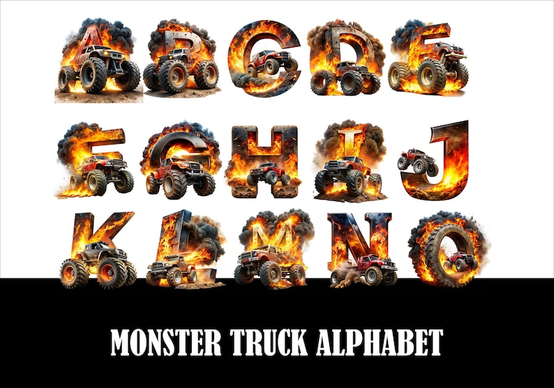 Monster Truck Alphabet Font Clipart Png Download Sublimation Template ...