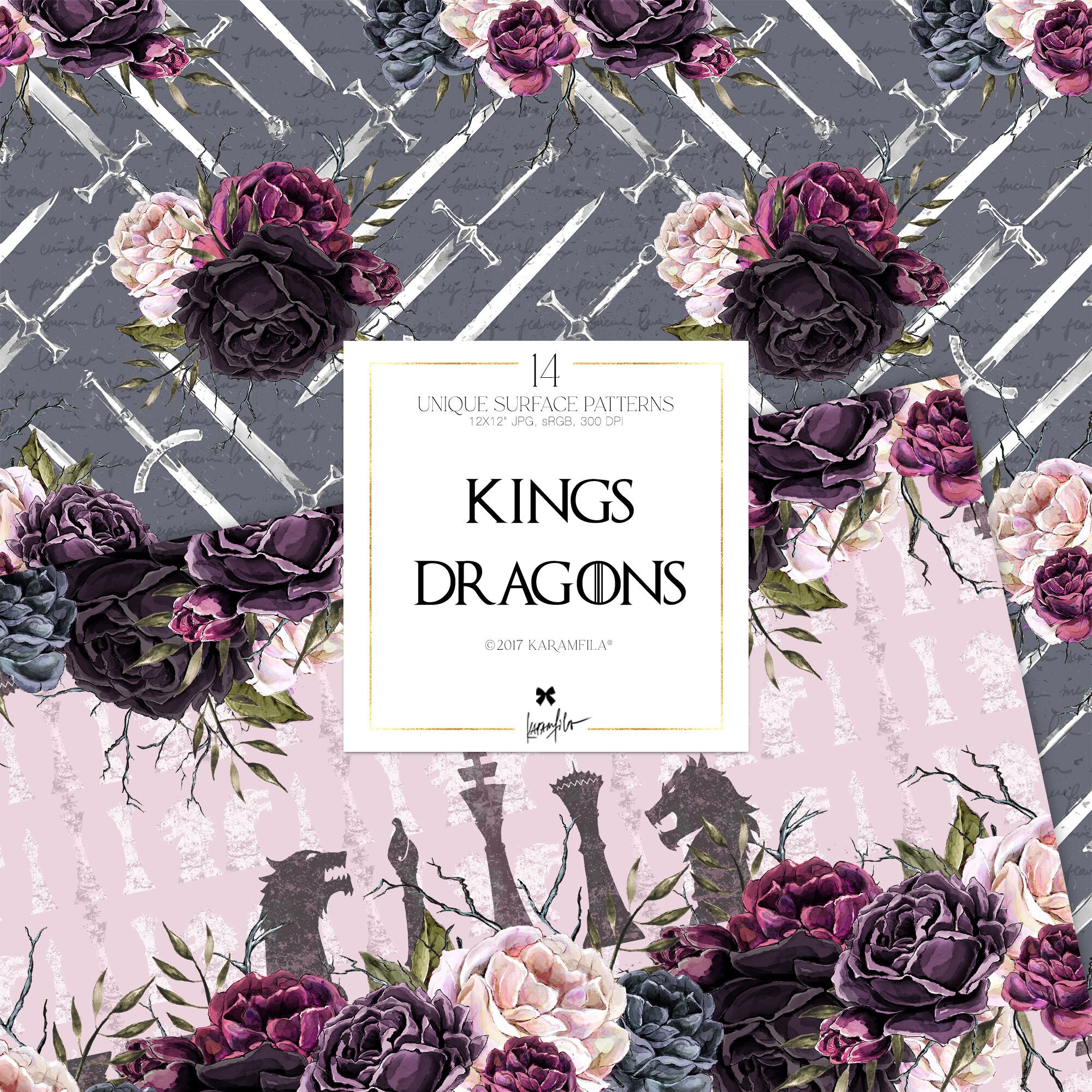 Throne Games Digital Paper Pack Karamfilas Kings Dragons Scrapbook Kit ...