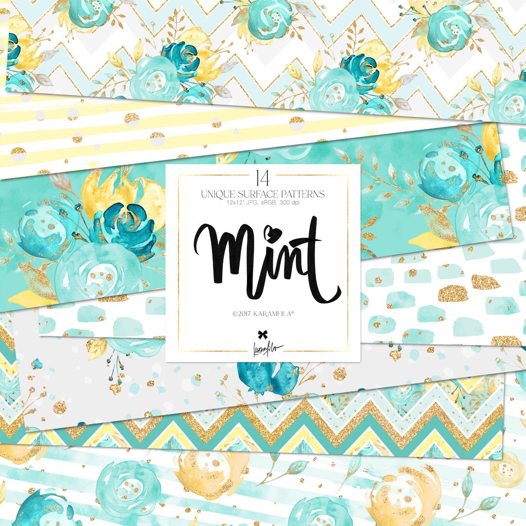 Mint Gold Floral Digital Paper Pack: Watercolor Peonies (digital ...