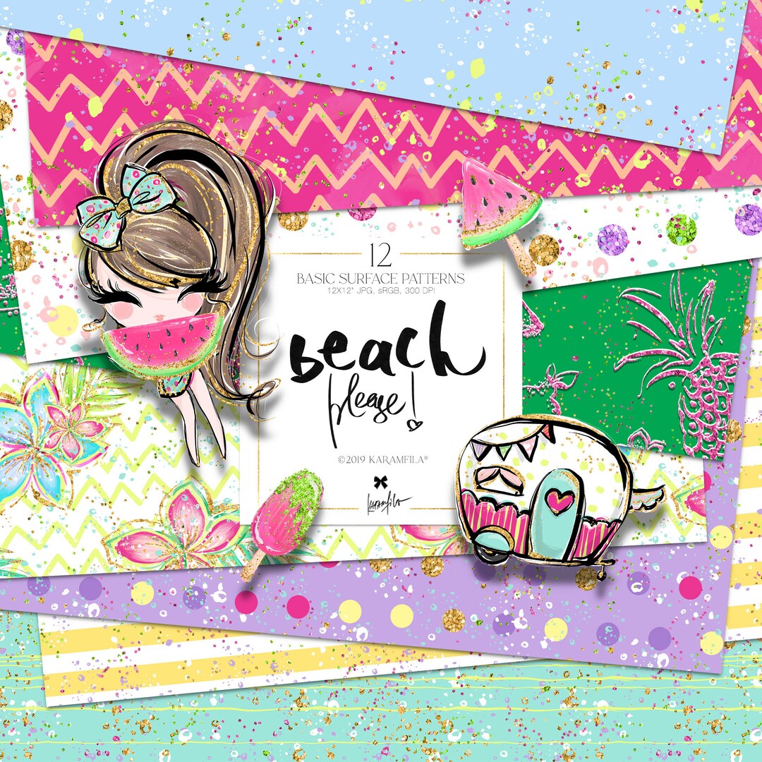 Beach Summer Digital Paper Pack: Tropical Fruits, Girls (digital ...