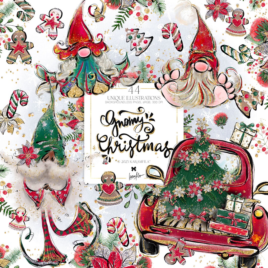 Christmas Gnomes Clipart, Karamfilas X-mas Red Truck Silver Gold ...