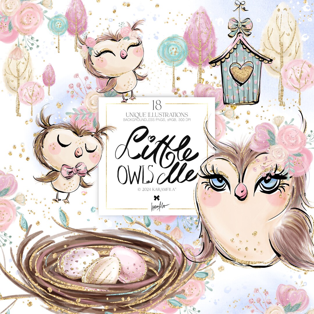 Mom and Baby Owls Clipart Karamfilas Pastel Whimsical Floral Gold Foil ...