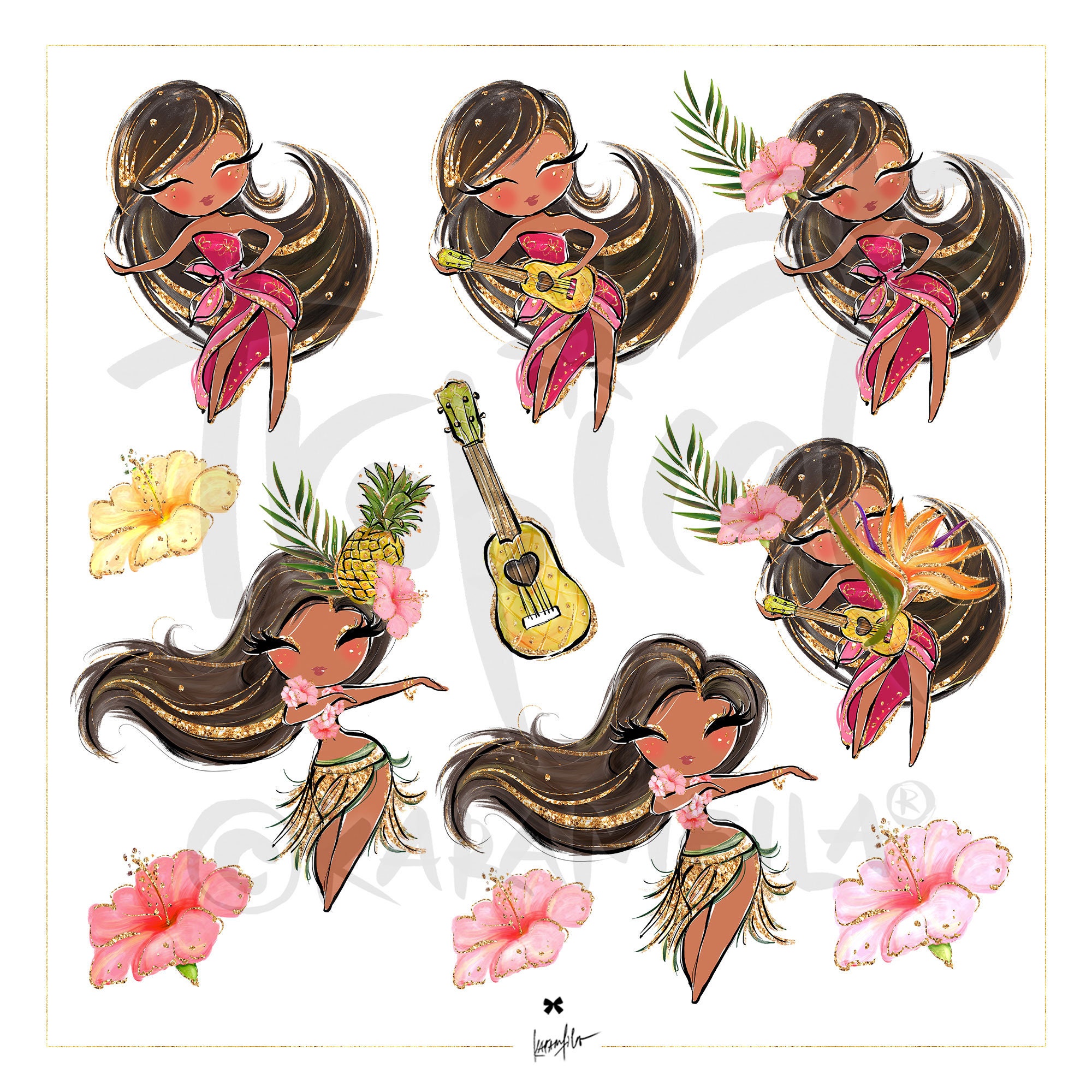 Tropical Clipart: Glitter Flamingo, Hula Girl, Toucan (PNG Digital ...