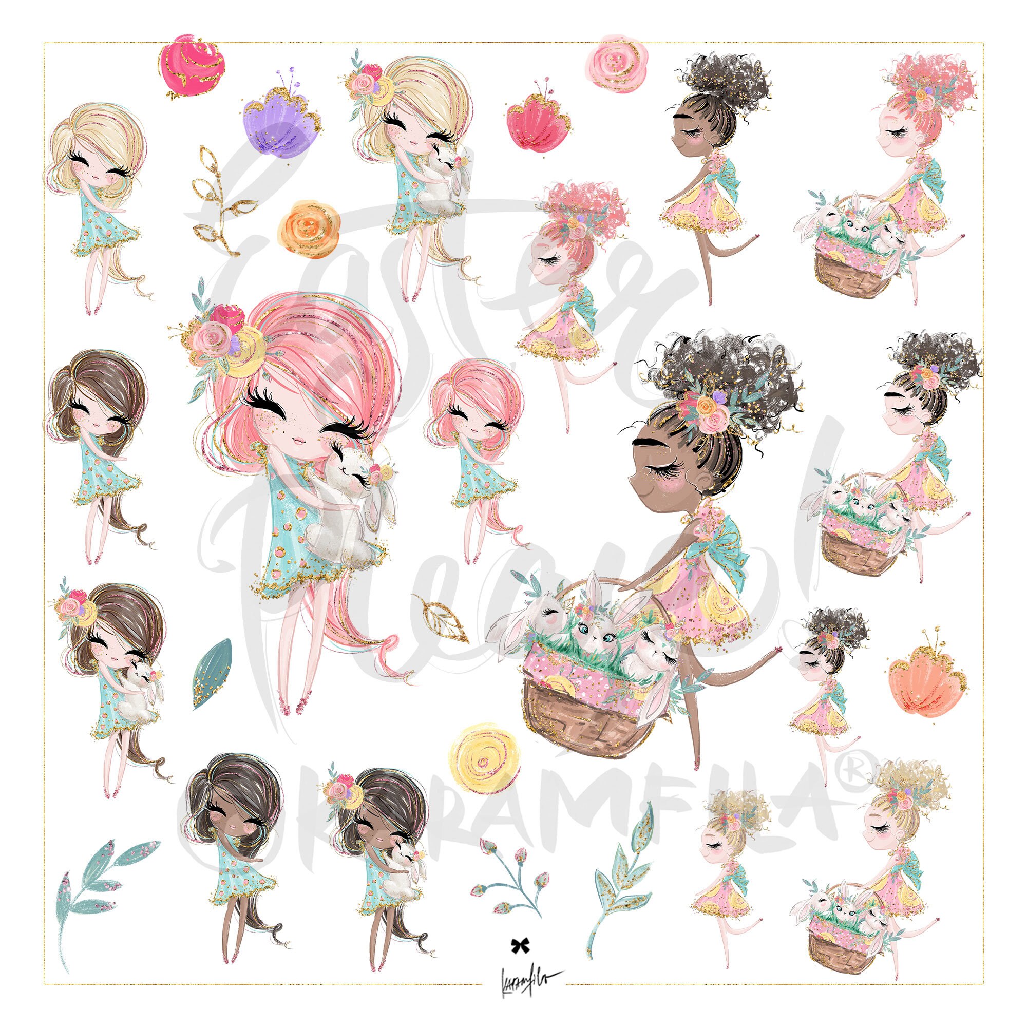 Easter Bunny Glitter Eggs Clipart, Karamfilas Whimsical Easter Pastel ...