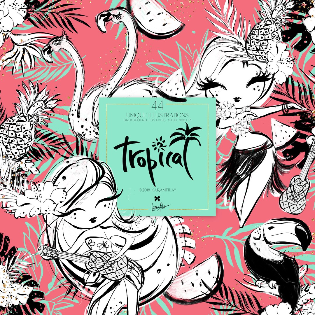 Tropical Doodle Clipart: Hula Girls, Flamingo, Toucan (PNG) - Etsy