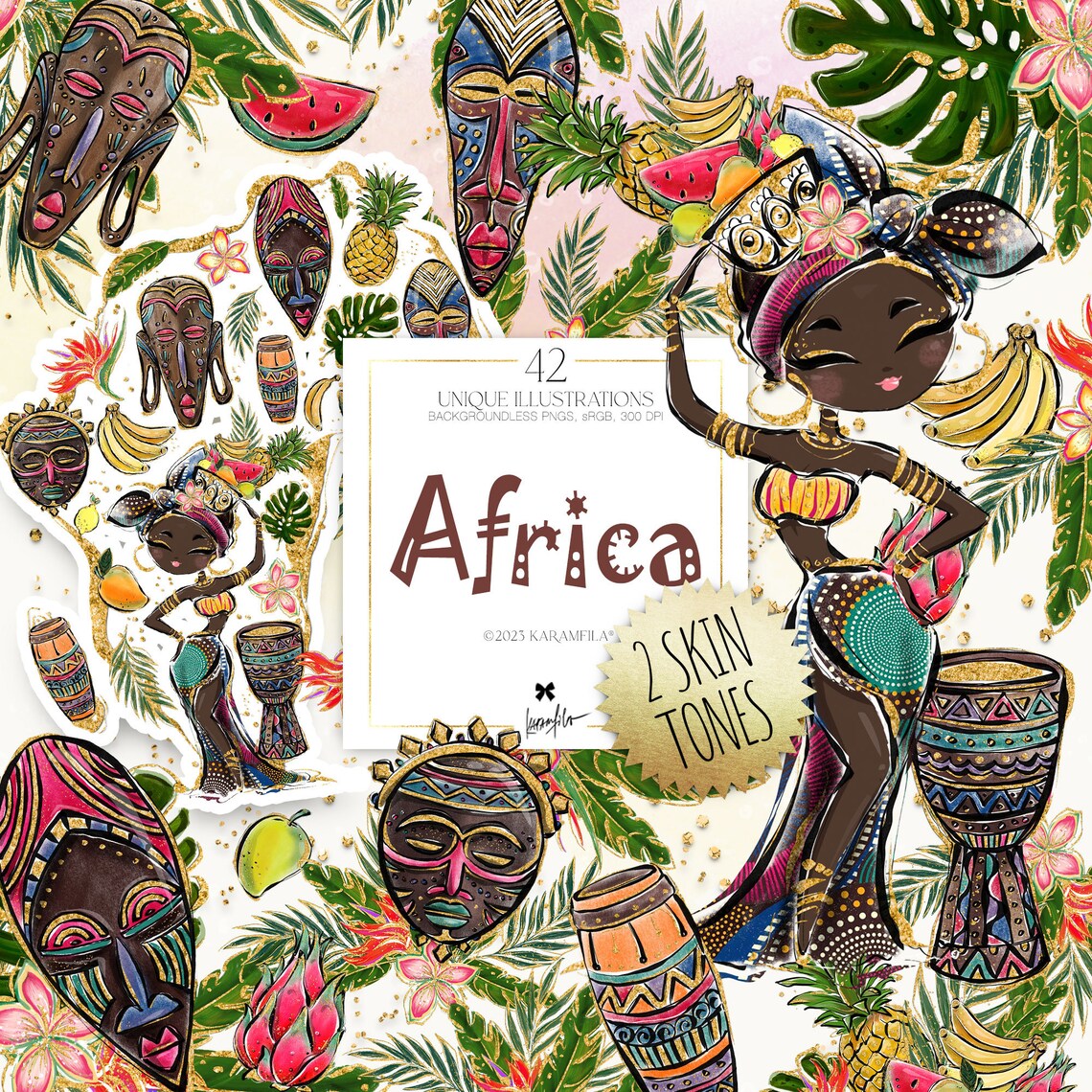 African Clipart: Tribal Masks, Woman, Tropical Fruits (PNG) - Etsy