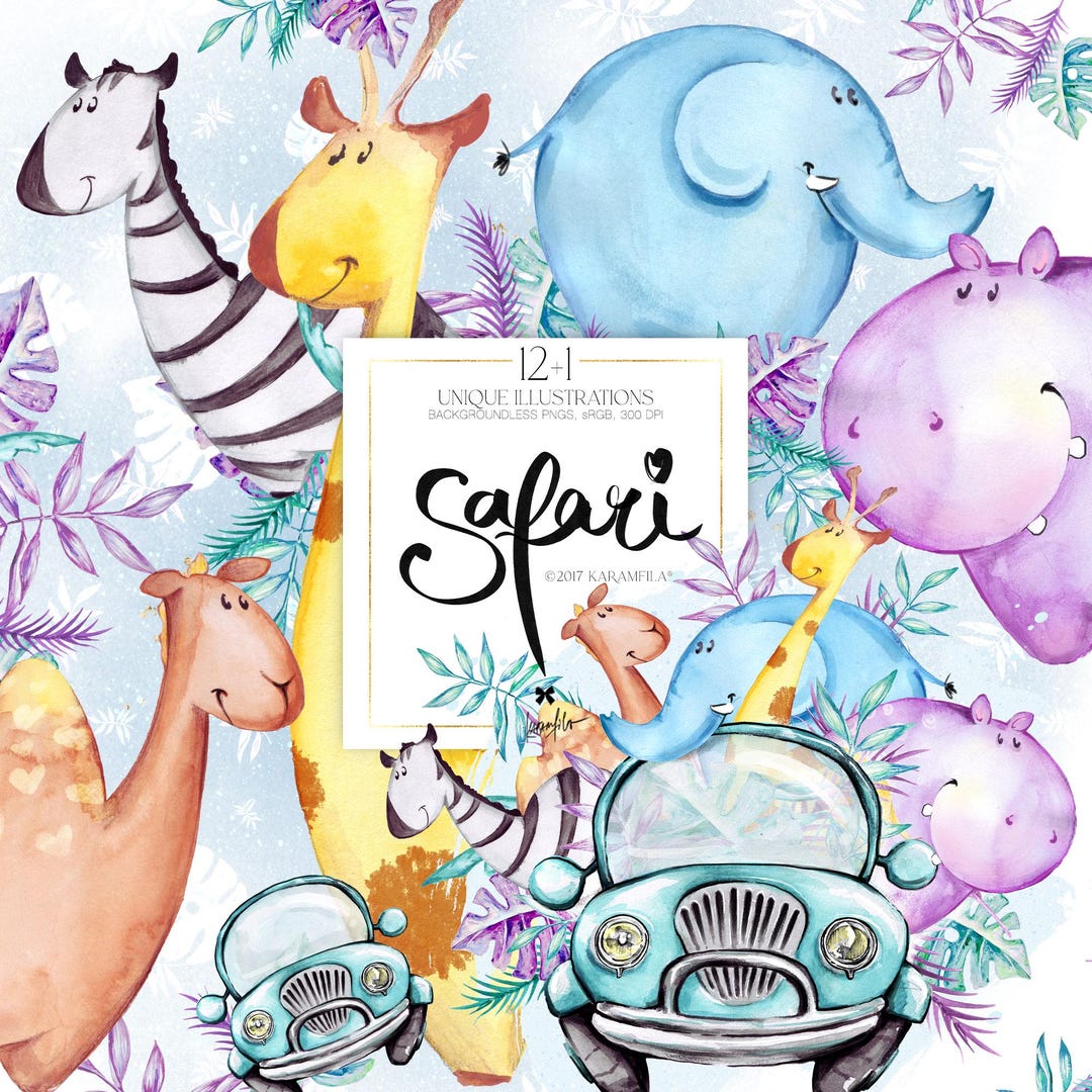 Baby Jungle Animals Clipart Karamfila Jeep Safari Palm Leaves Tropical ...