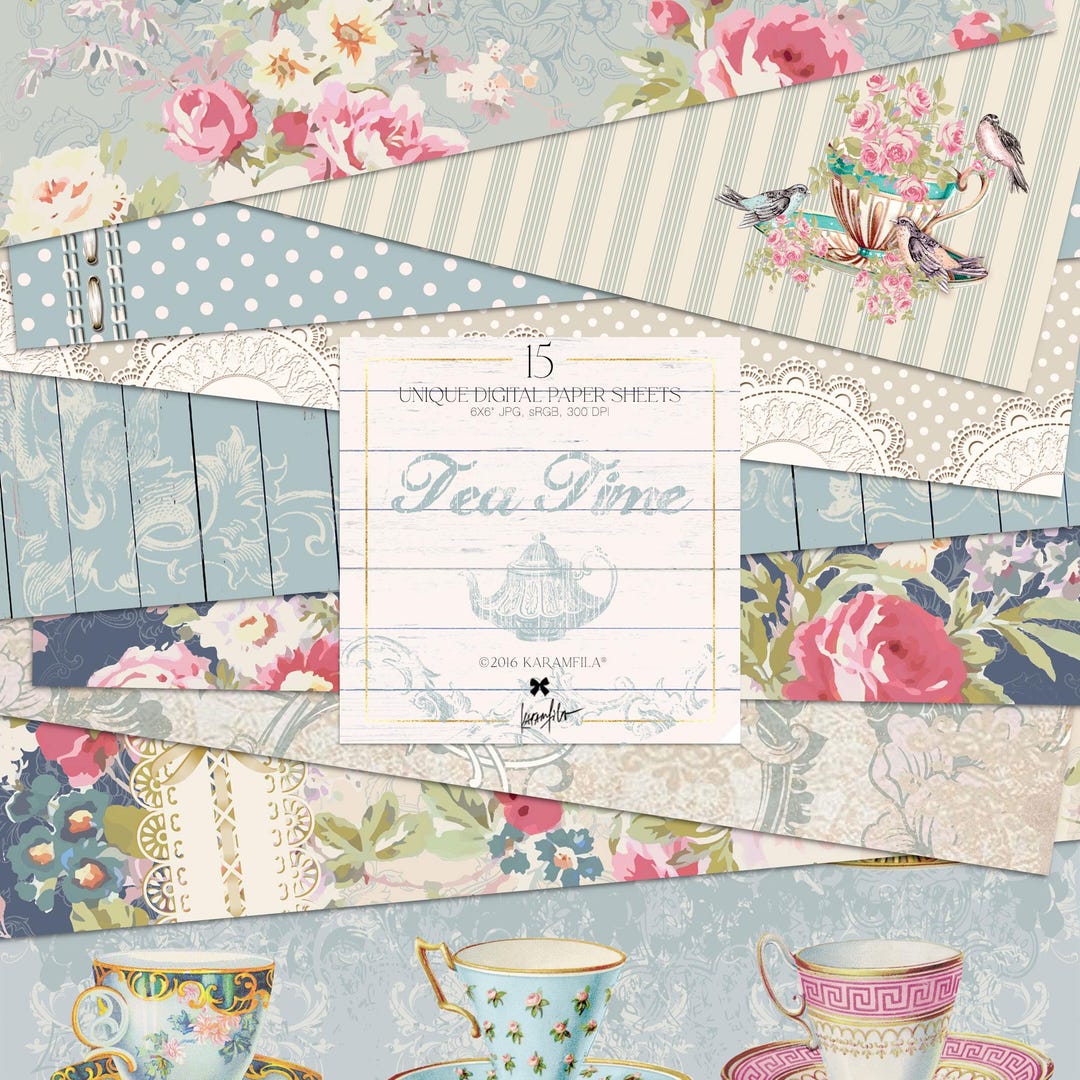 Tea Time Digital Paper: Vintage Floral Scrapbook Kit (digital Download ...