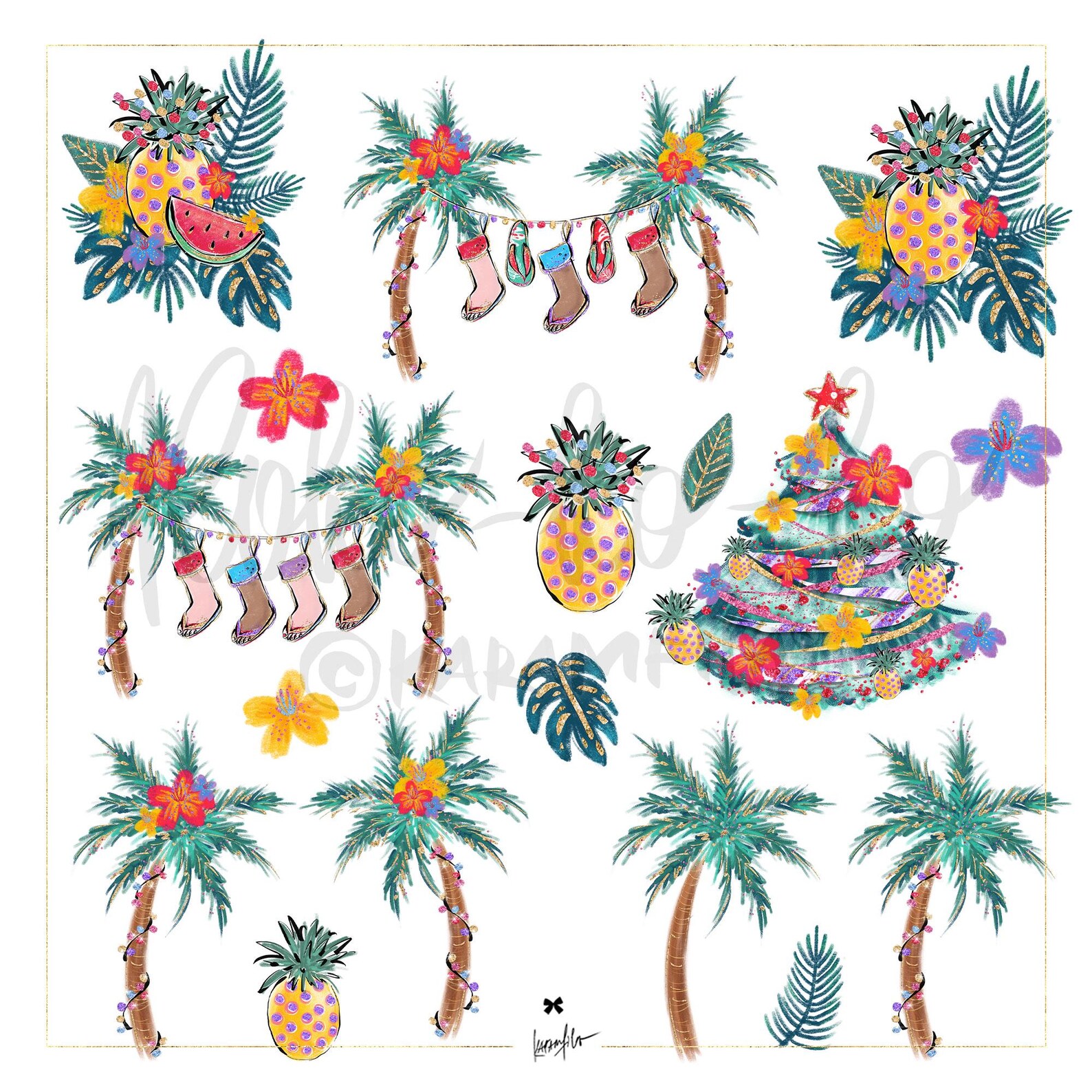 Tropical Christmas Clipart: Aloha Santa, Flamingo, Snowman (PNG) - Etsy