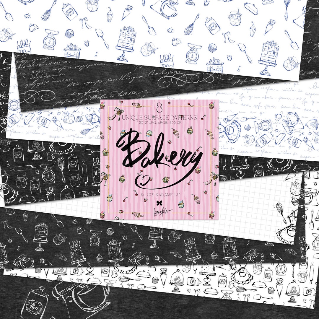 Bakery Doodle Digital Paper Karamfilas Kitchen Tools Cooking Book ...