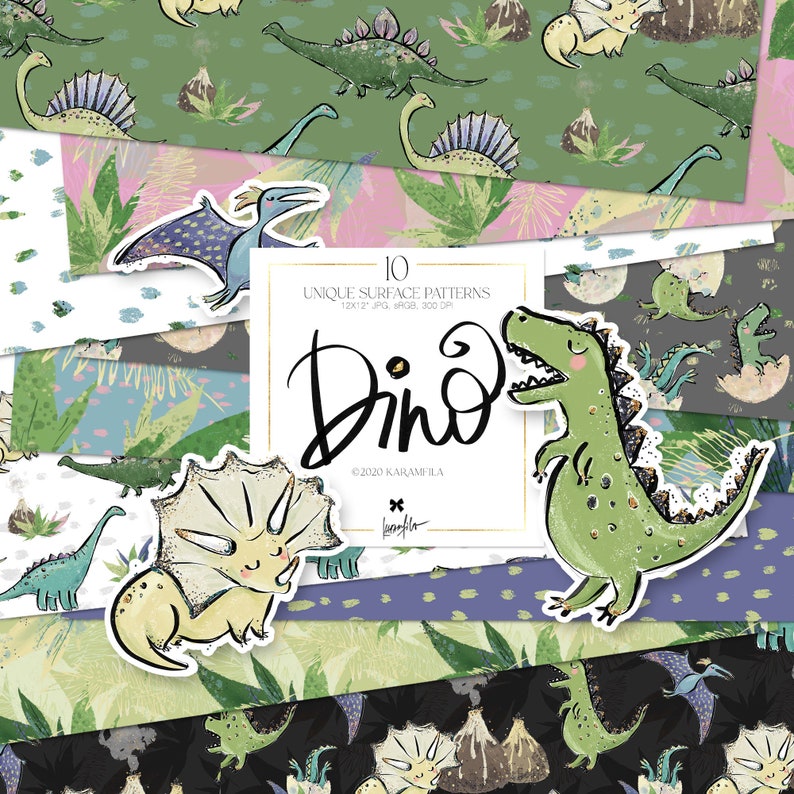 Dino Digital Paper Pack Karamfilas Baby Dinosaur Eggs Volcano T-rex ...