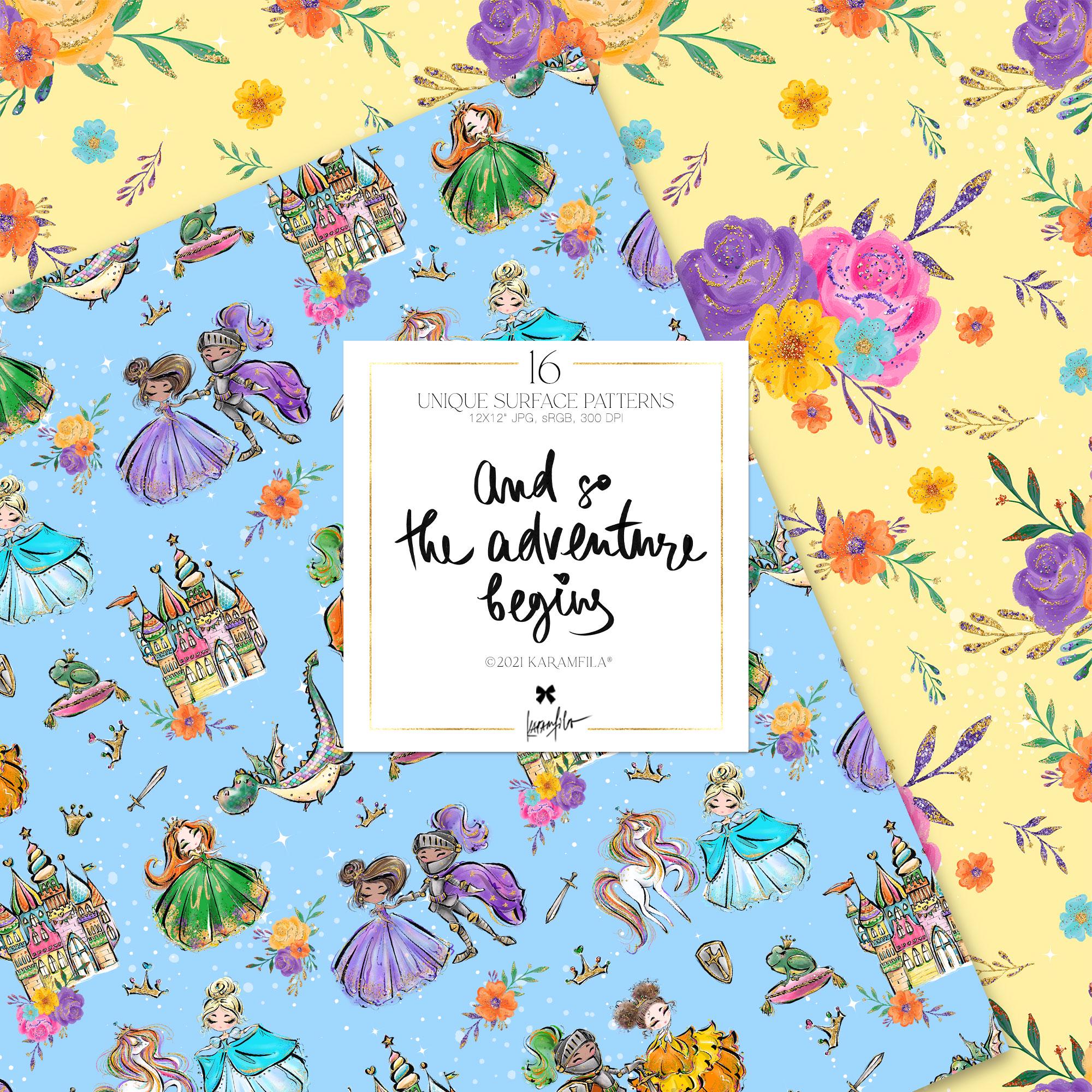 Princesses Knights Dragons Castle Fairytale Frog Prince Digital Paper ...