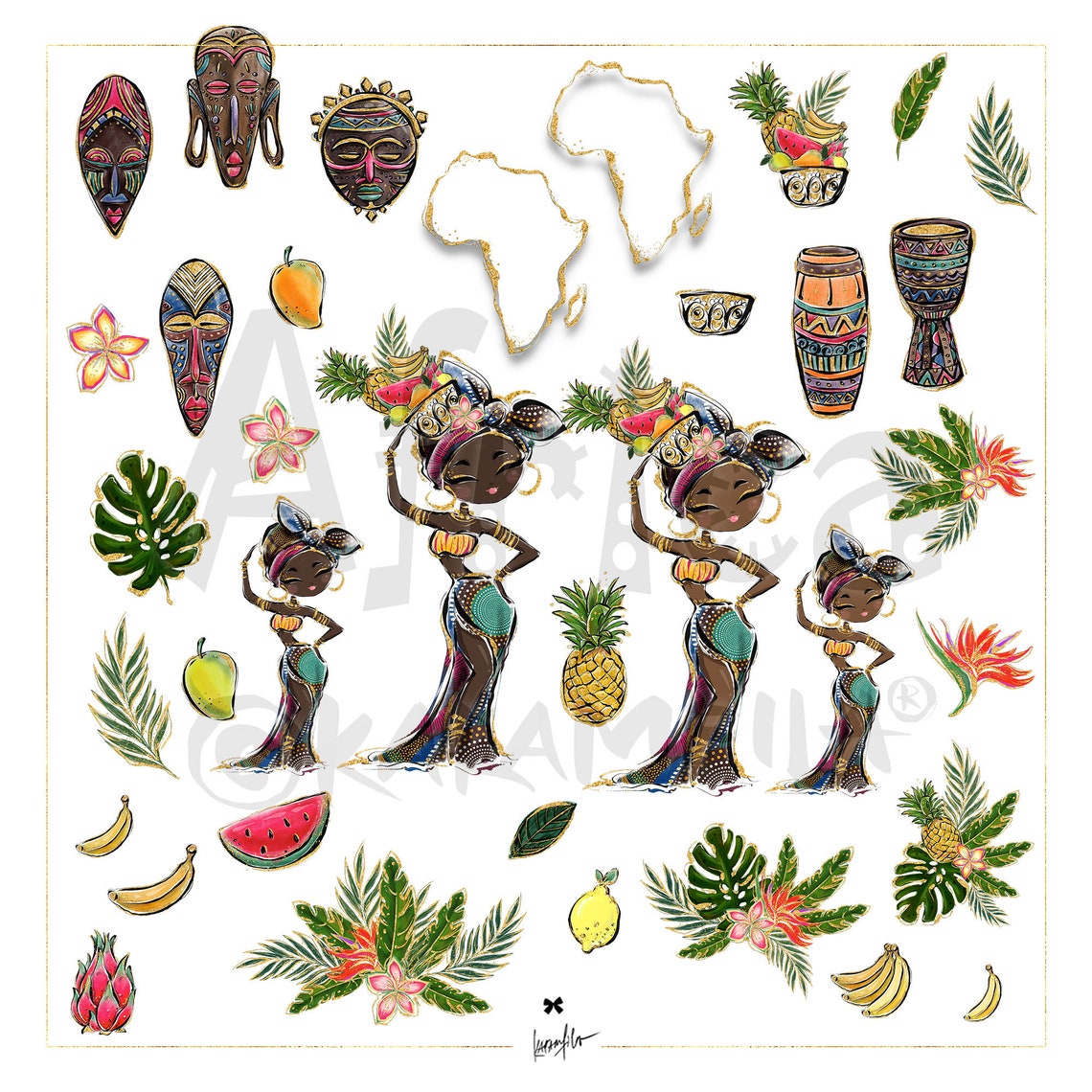 African Clipart: Tribal Masks, Woman, Tropical Fruits (PNG) - Etsy