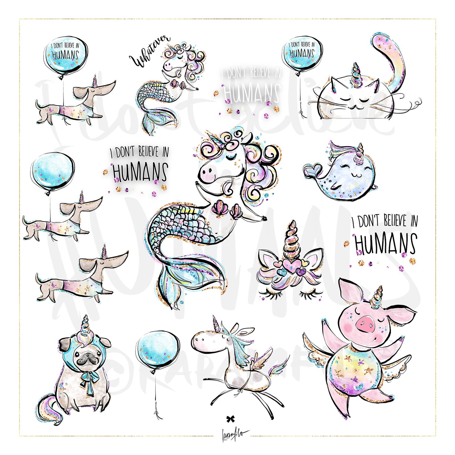 Funny Unicorn Clipart, Kittycorn Clipart, Cute Pets Clipart, Candy ...