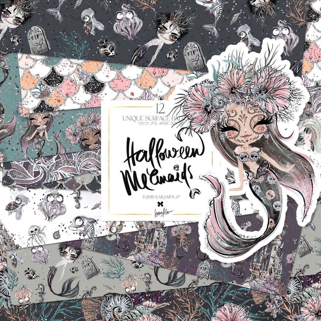 Karamfilas Halloween Mermaids Digital Paper Pack Creepy Sea Creatures ...