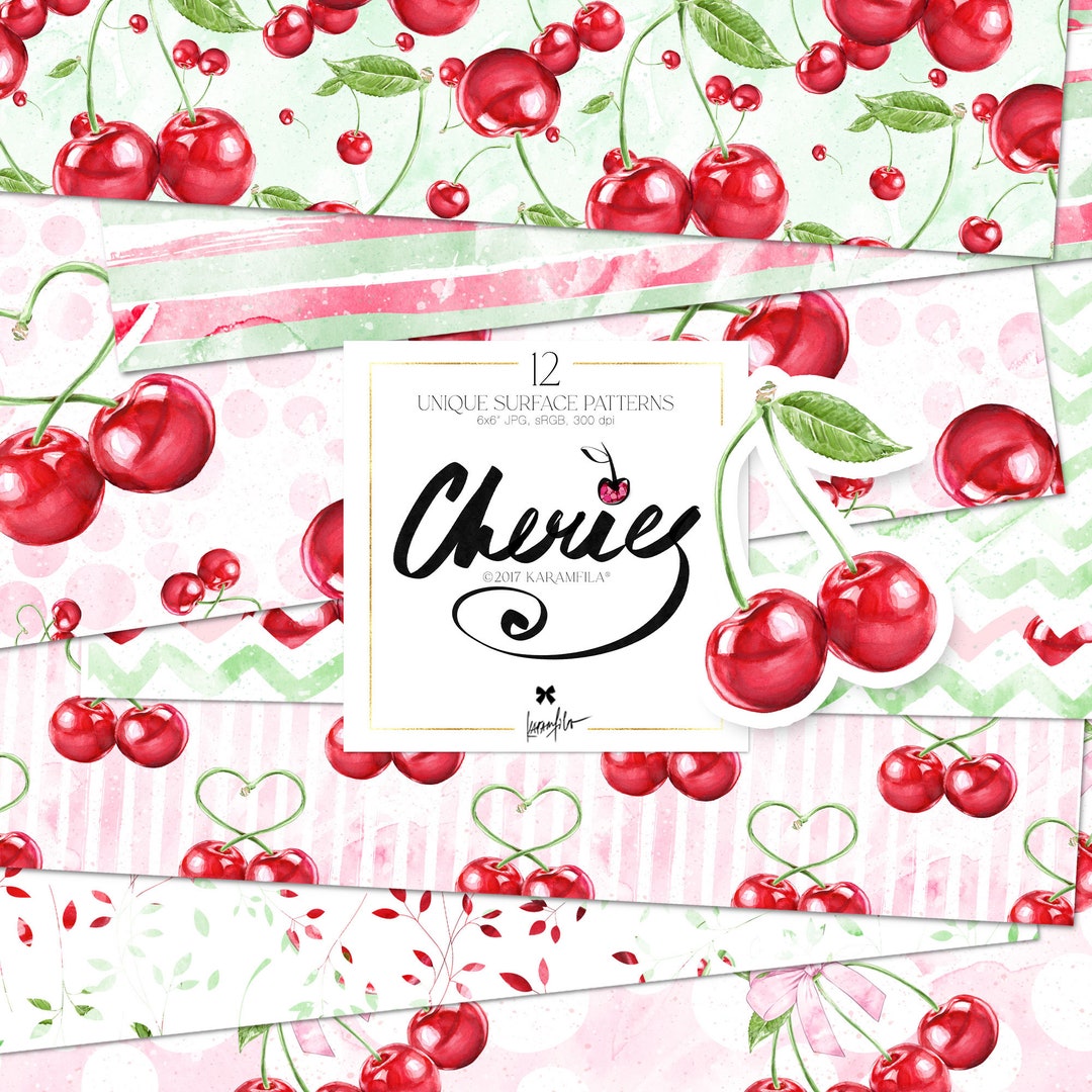 Watercolor Cherries Digital Paper: Seamless Summer Fruit Patterns ...