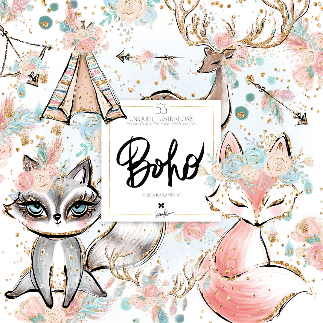 Boho Clipart, Cute Boho Animals Clipart, Boho Fox, Racoon Clipart, Deer ...