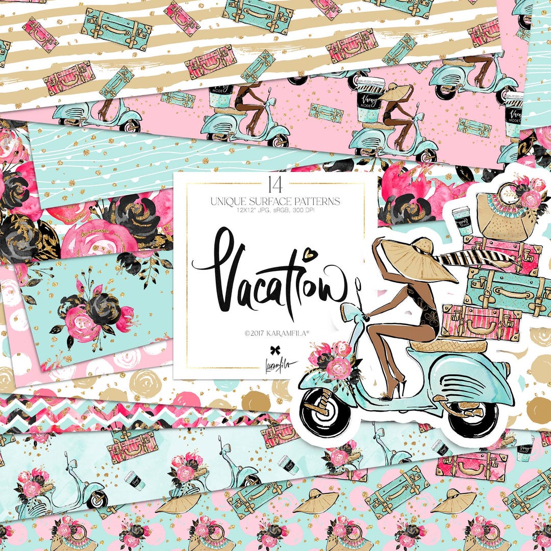 Summer Vacation Digital Paper Pack: Floral Scooter Designs (PNG) - Etsy