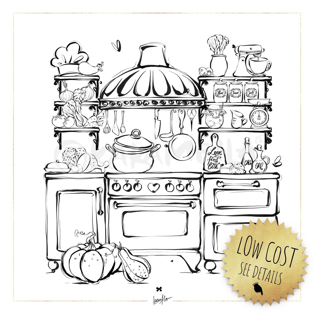 Kitchen Doodle Clipart – Hand Drawn Cooking Scene Line Art PNG ...