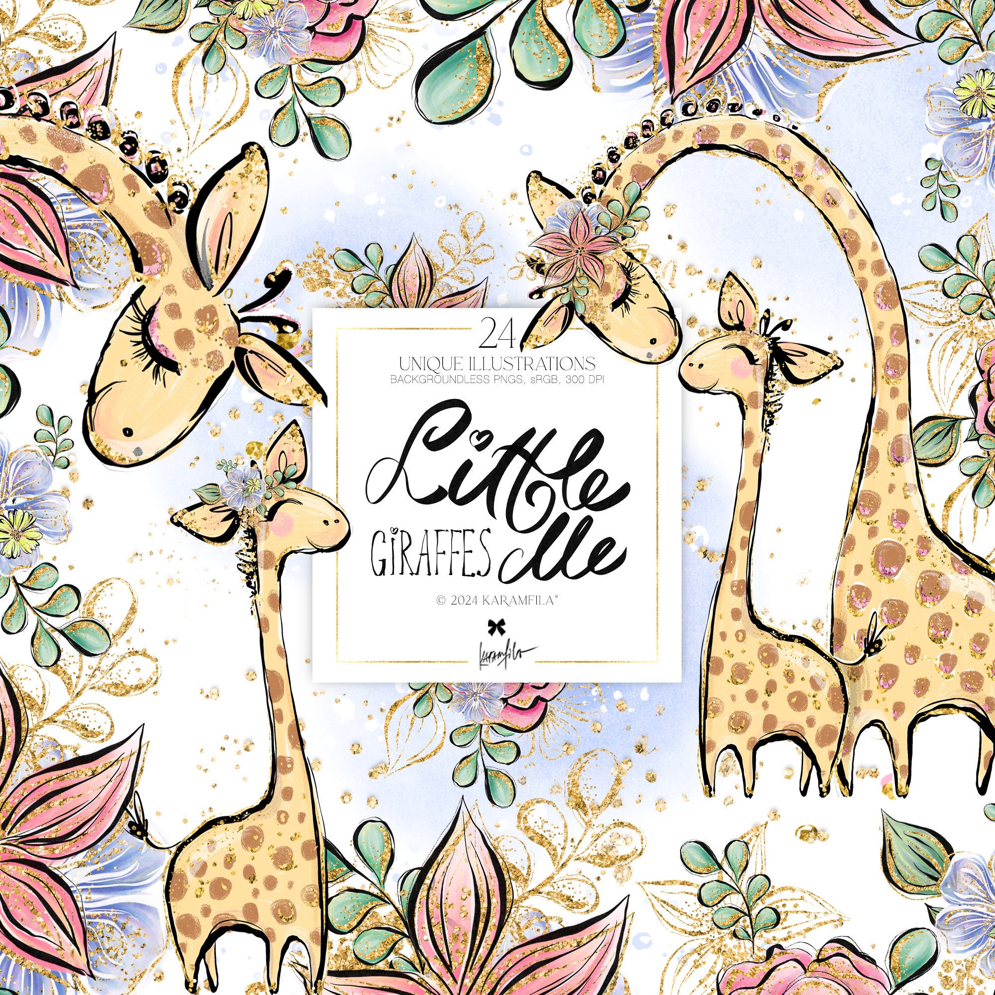 Mom and Baby Giraffes Clipart Karamfilas Pastel Whimsical Floralgold ...