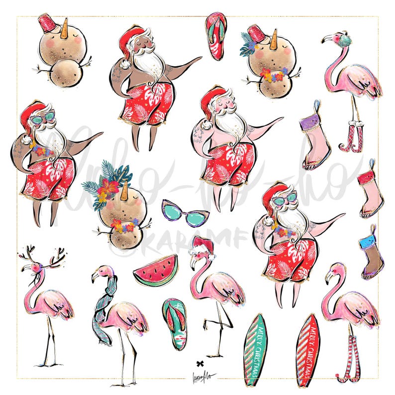 Tropical Christmas Clipart: Aloha Santa, Flamingo, Snowman (PNG) - Etsy