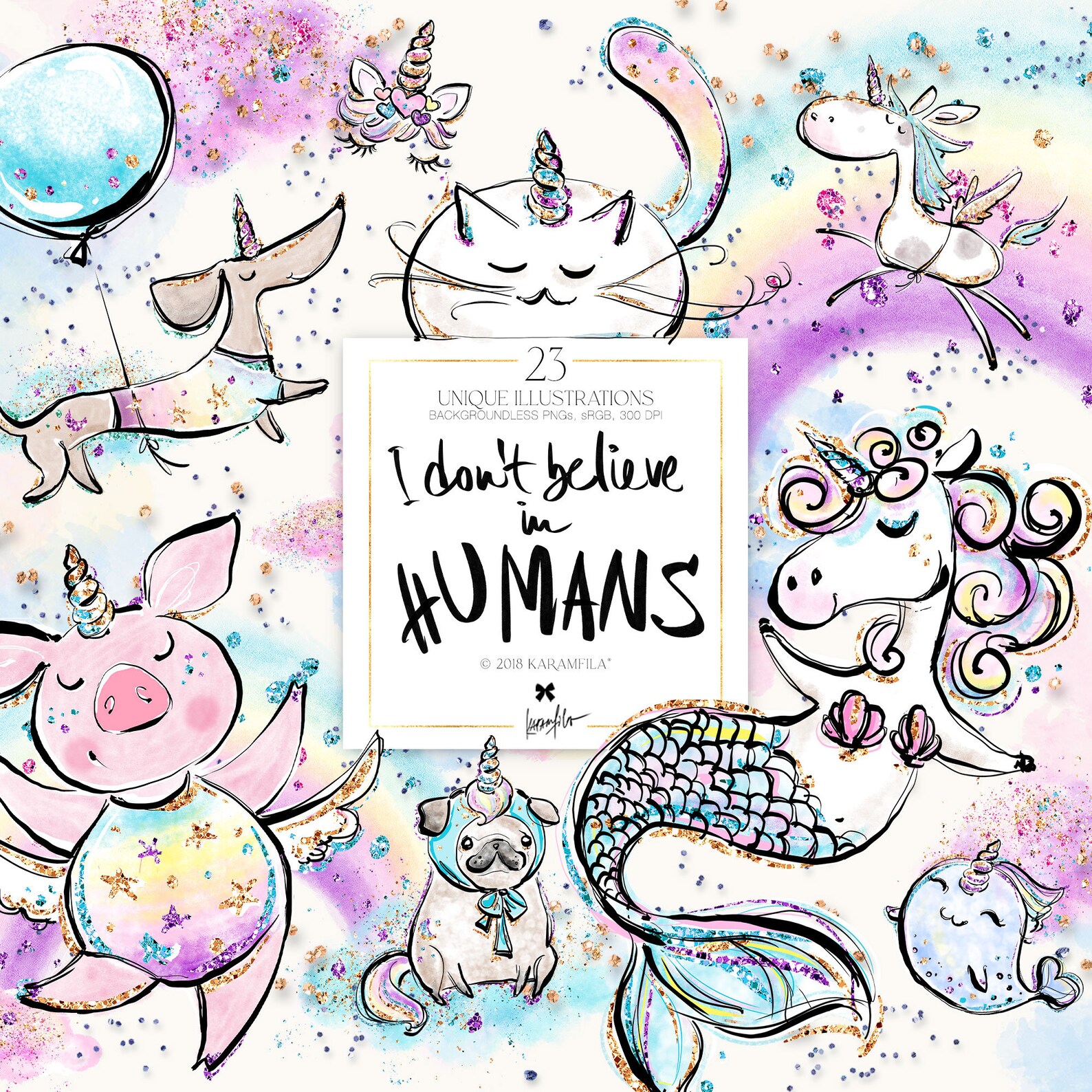 Funny Unicorn Clipart, Kittycorn Clipart, Cute Pets Clipart, Candy ...