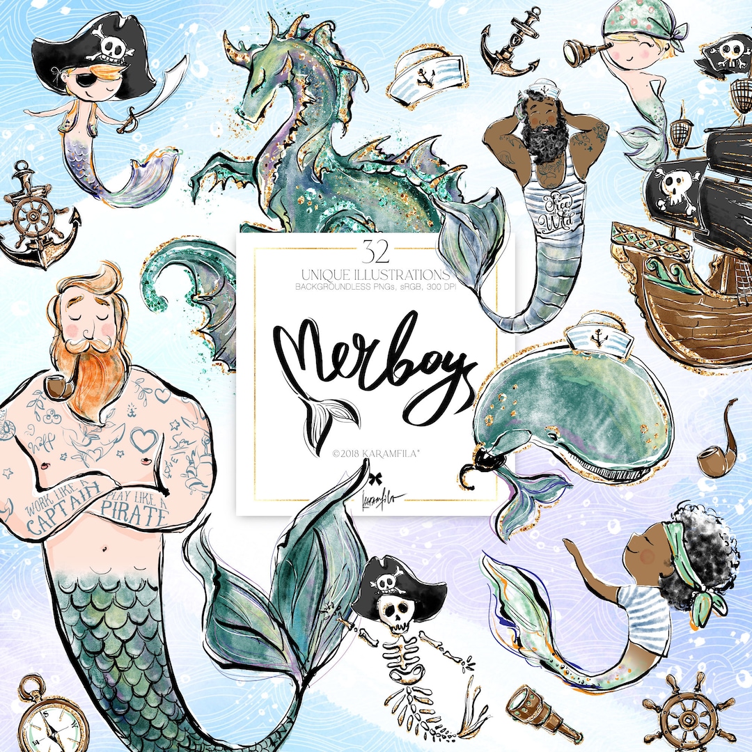 Boy Mermaid Clipart: Nautical Pirate Ship PNG Images (digital Download ...