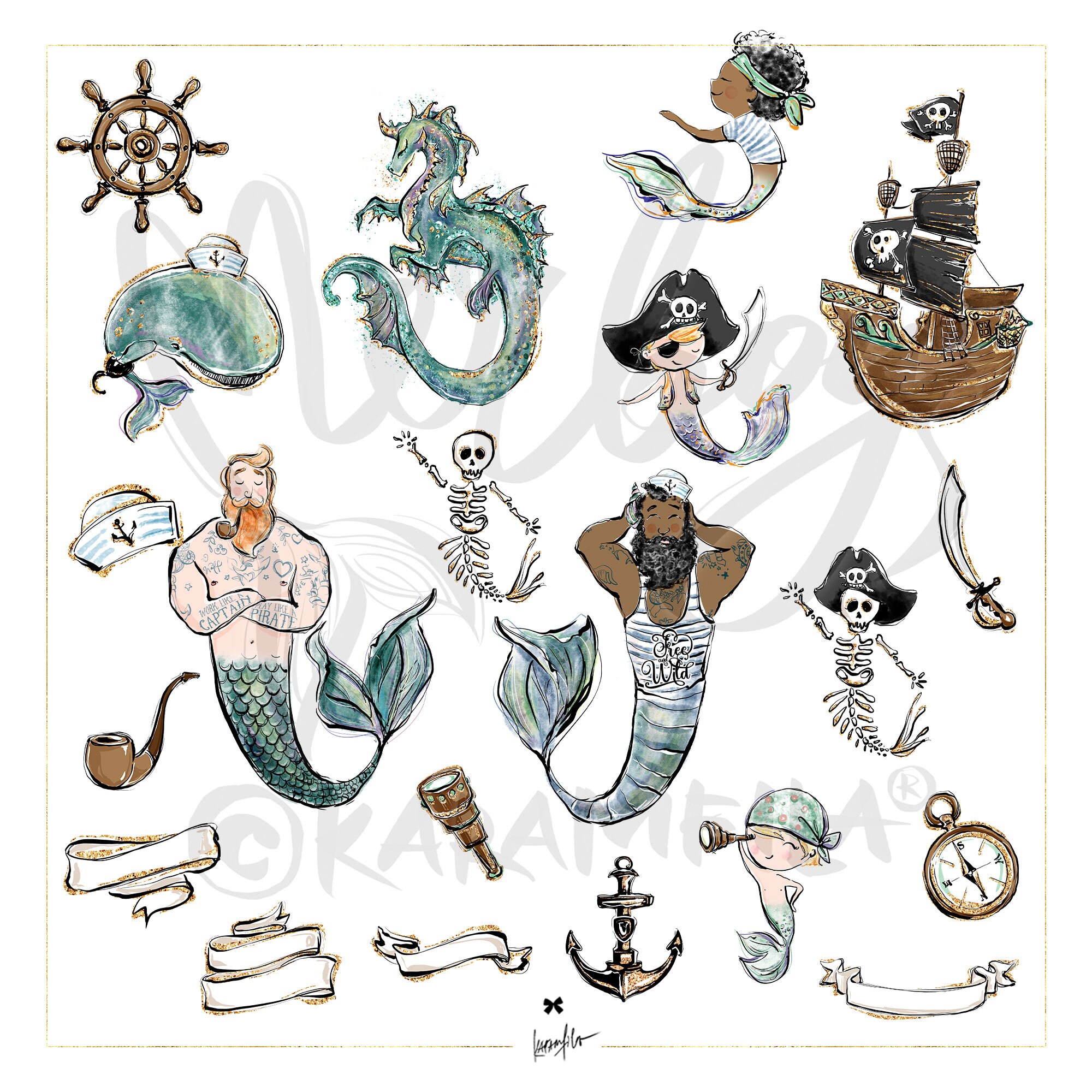 Boy Mermaid Clipart: Nautical Pirate Ship PNG Images (digital Download ...