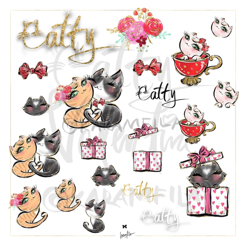 Valentine Cats Clipart Karamfilas St Valentines Day Planner Stickers Cat Lover Couples Clipart ...