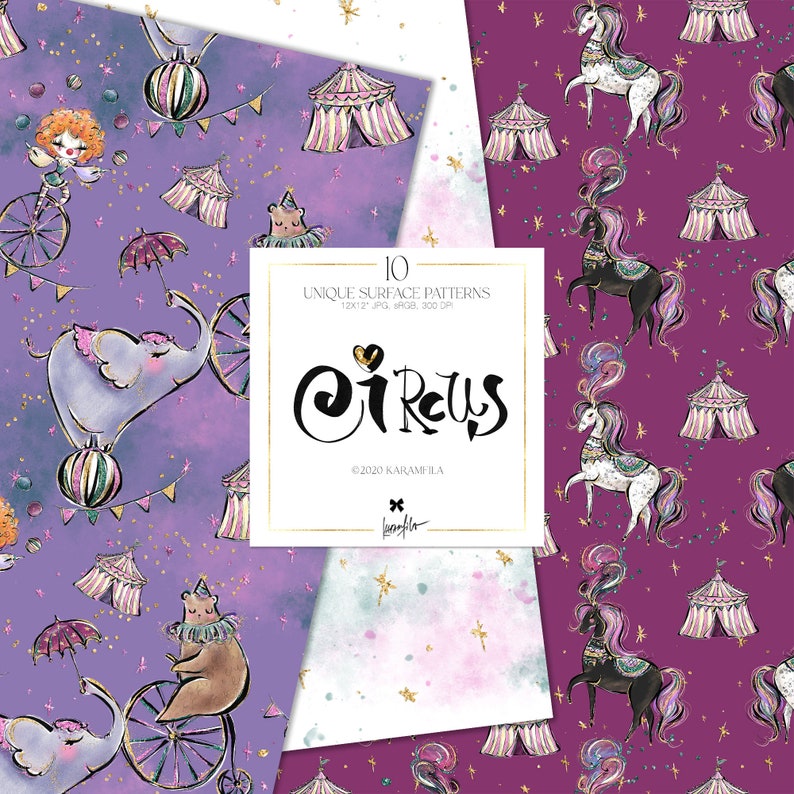 Circus Digital Paper: Ballerina, Elephant, Clown Patterns (digital ...