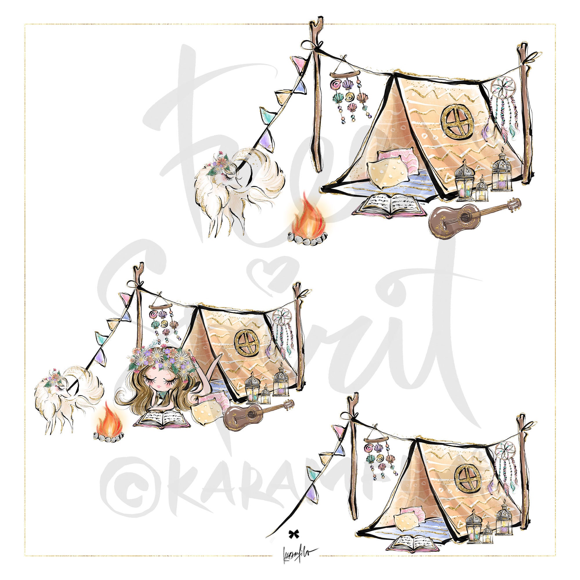 Camping Life Clipart Karamfilas Boho Style Summer Tent Hippie Planner ...