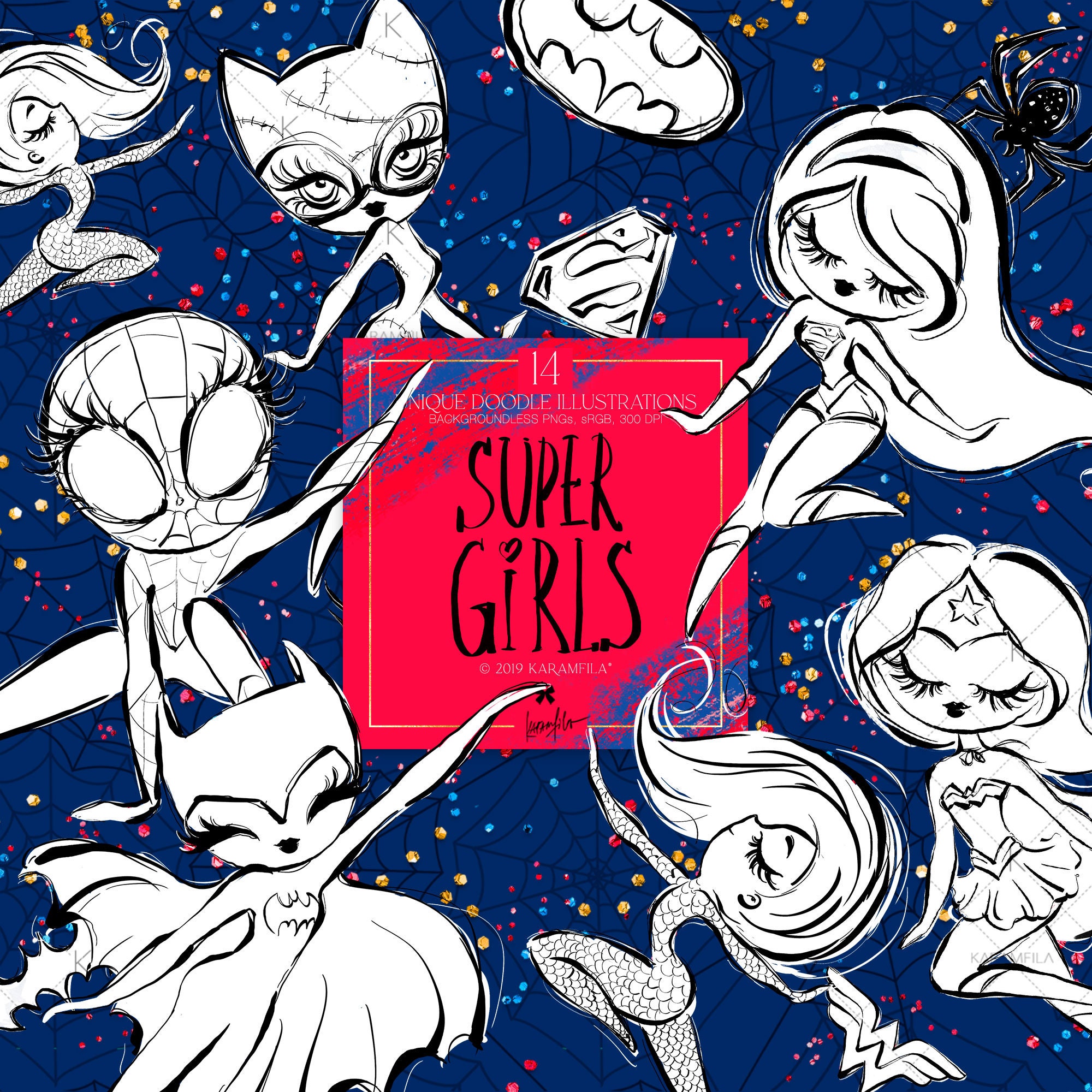 Supergirl Doodle Clipart: Cute Superhero Girls PNG (digital Download ...