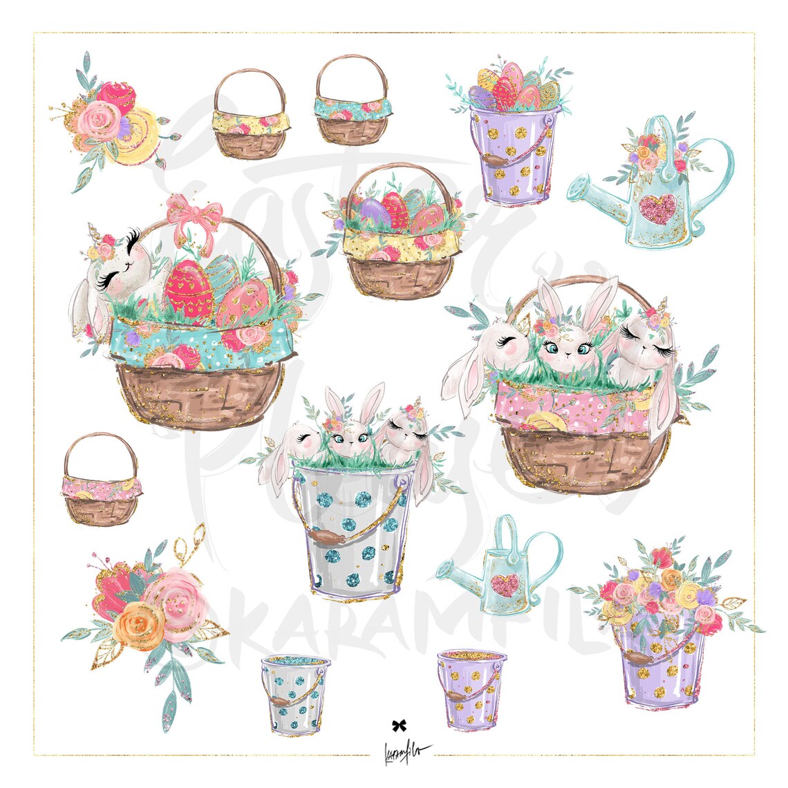 Easter Bunny Glitter Eggs Clipart, Karamfilas Whimsical Easter Pastel ...