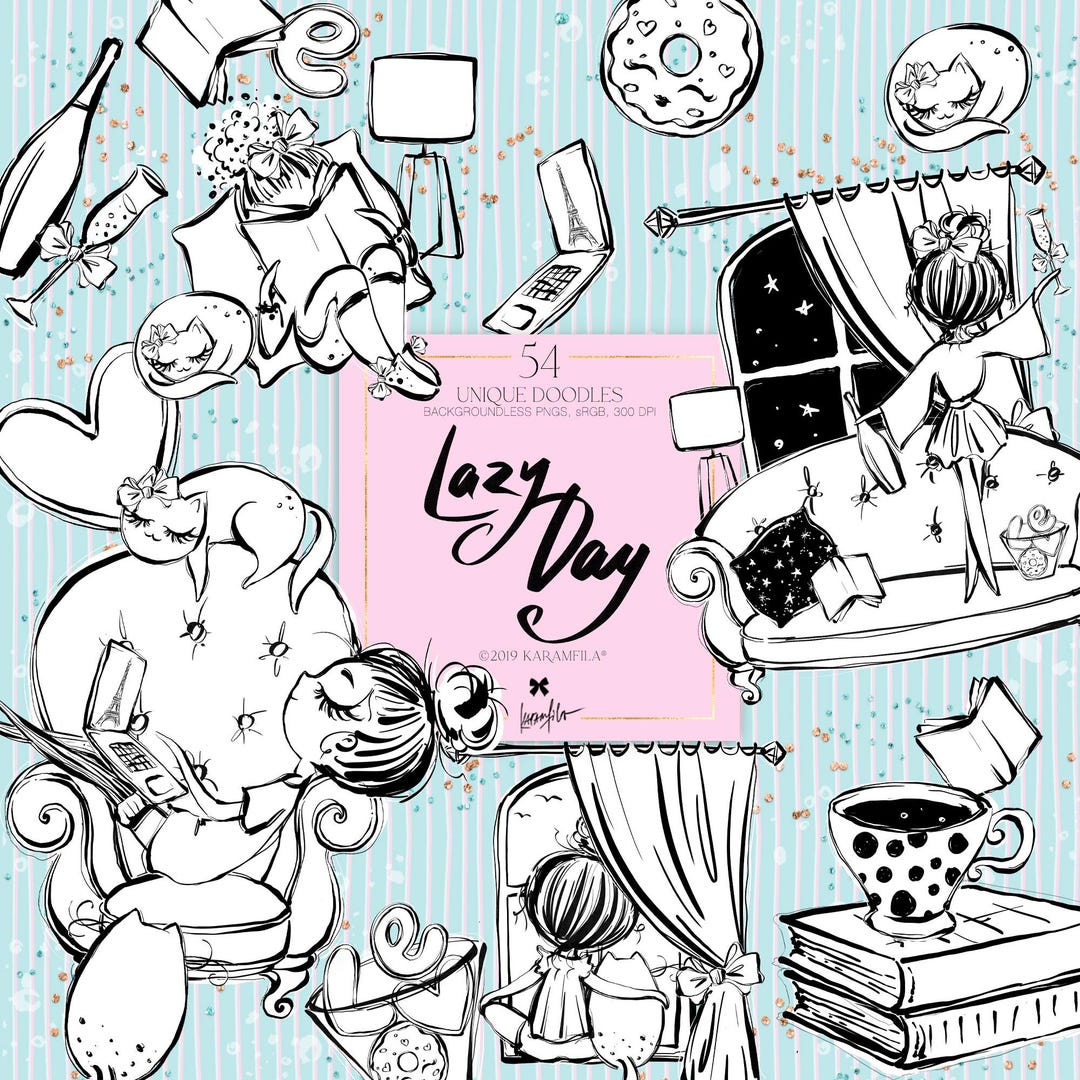 Lazy Day Doodle Clipart: Home Office & Cat Lover PNG Images (digital ...