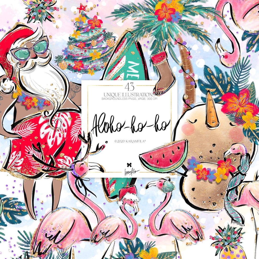 Tropical Christmas Clipart: Aloha Santa, Flamingo, Snowman (PNG) - Etsy