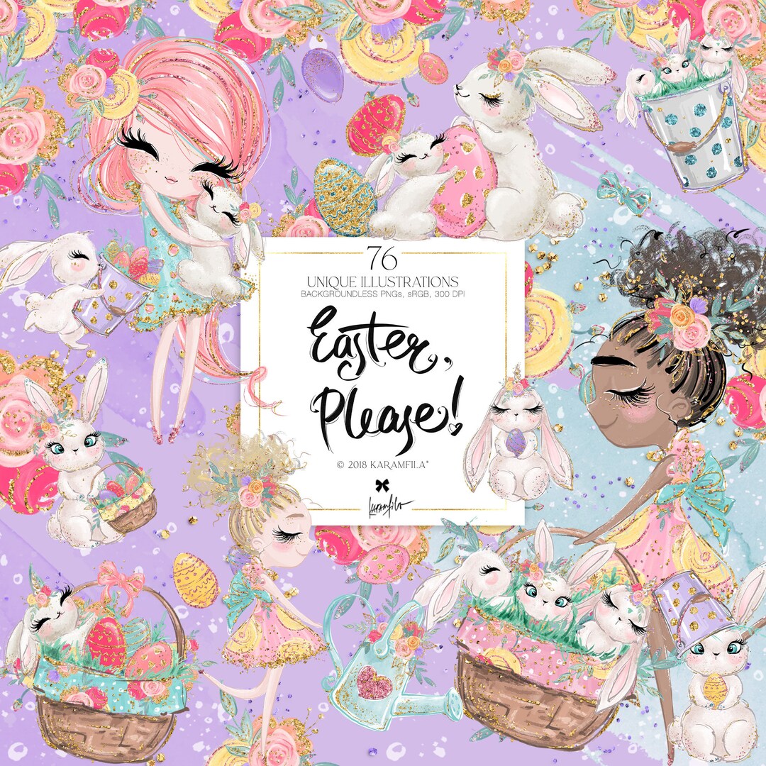 Easter Bunny Glitter Eggs Clipart, Karamfilas Whimsical Easter Pastel ...