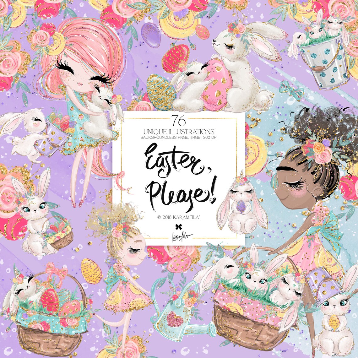 Easter Bunny Glitter Eggs Clipart, Karamfilas Whimsical Easter Pastel ...