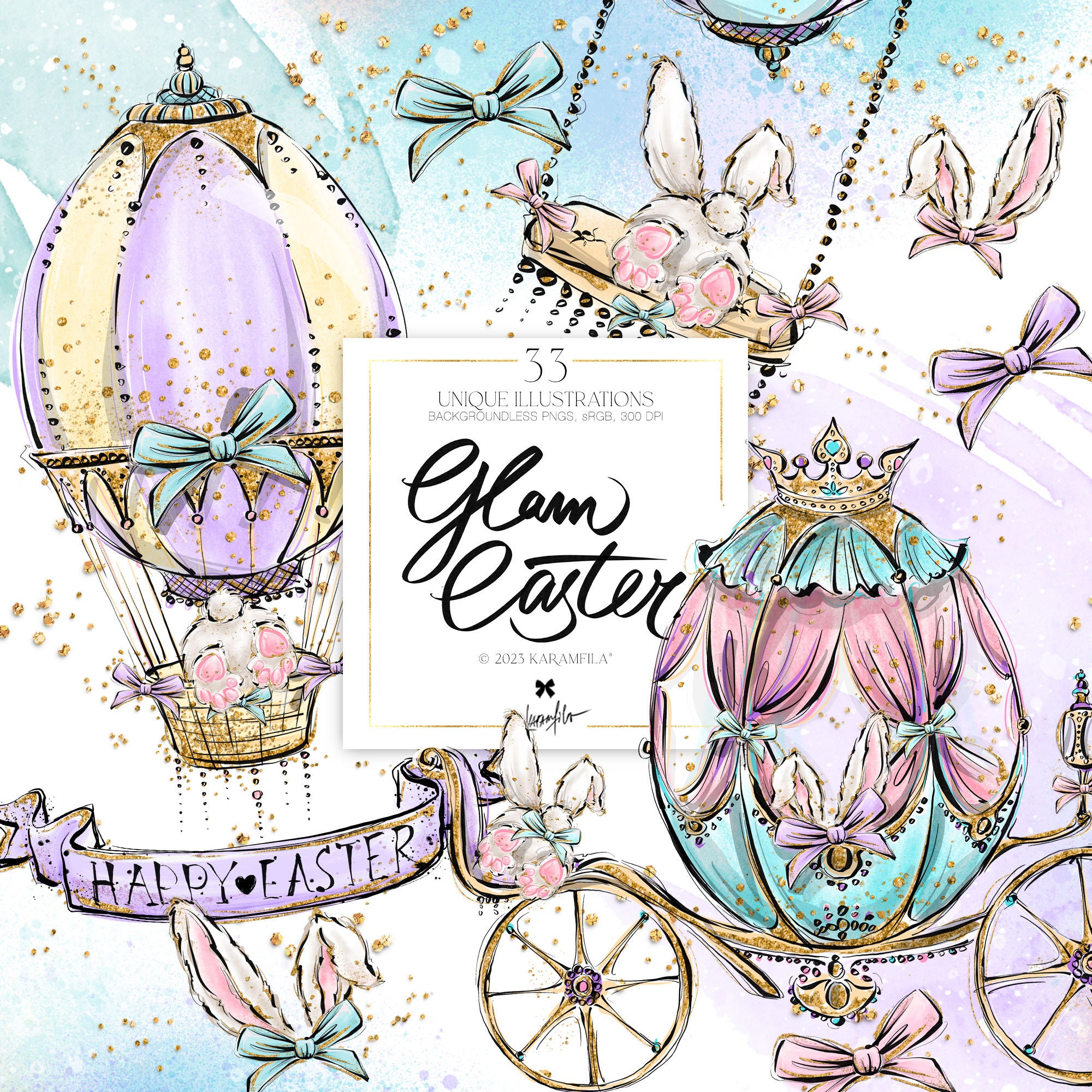 Glam Easter Clipart: Bunny Ears, Cinderella Carriage (PNG Digital ...