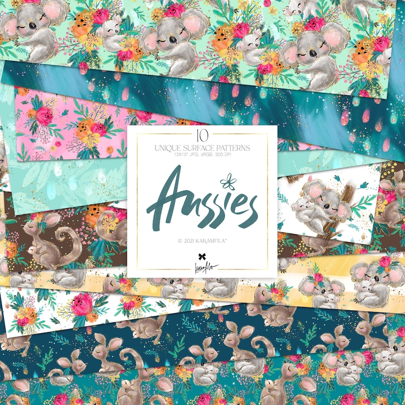 Koala Kangaroo Digital Paper: Australian Animals Fabric Patterns ...