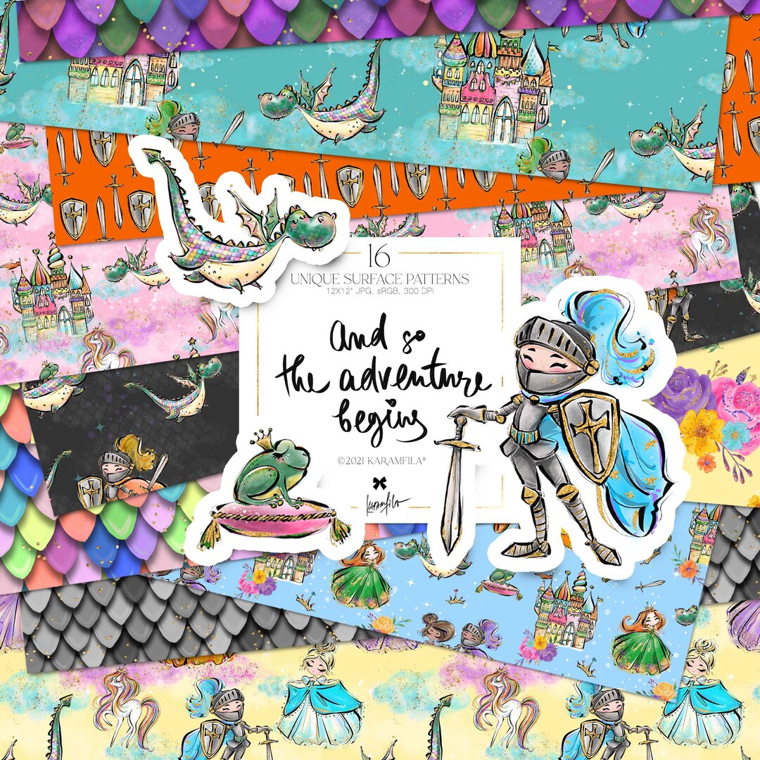 Princesses Knights Dragons Castle Fairytale Frog Prince Digital Paper ...