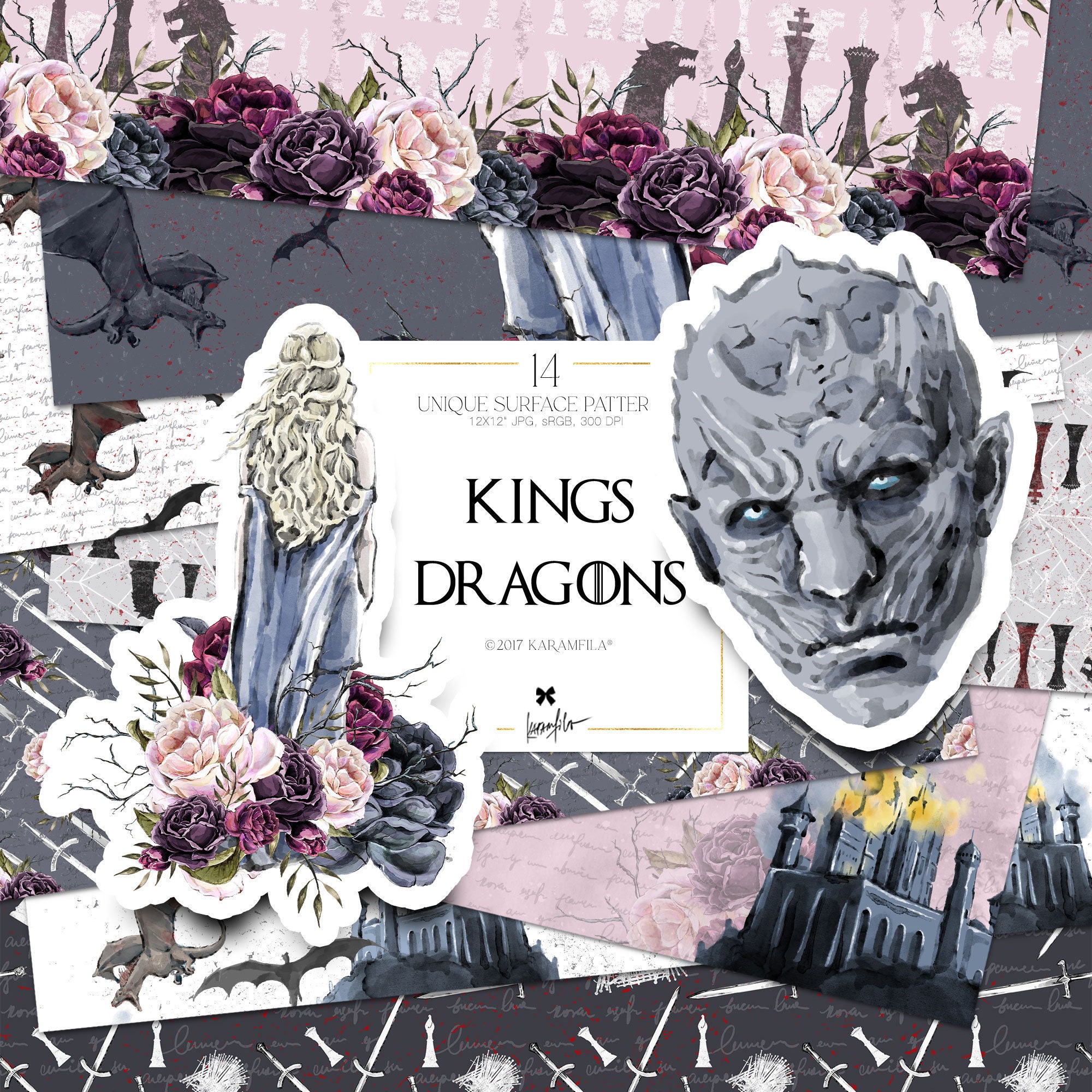 Throne Games Digital Paper Pack Karamfilas Kings Dragons Scrapbook Kit ...