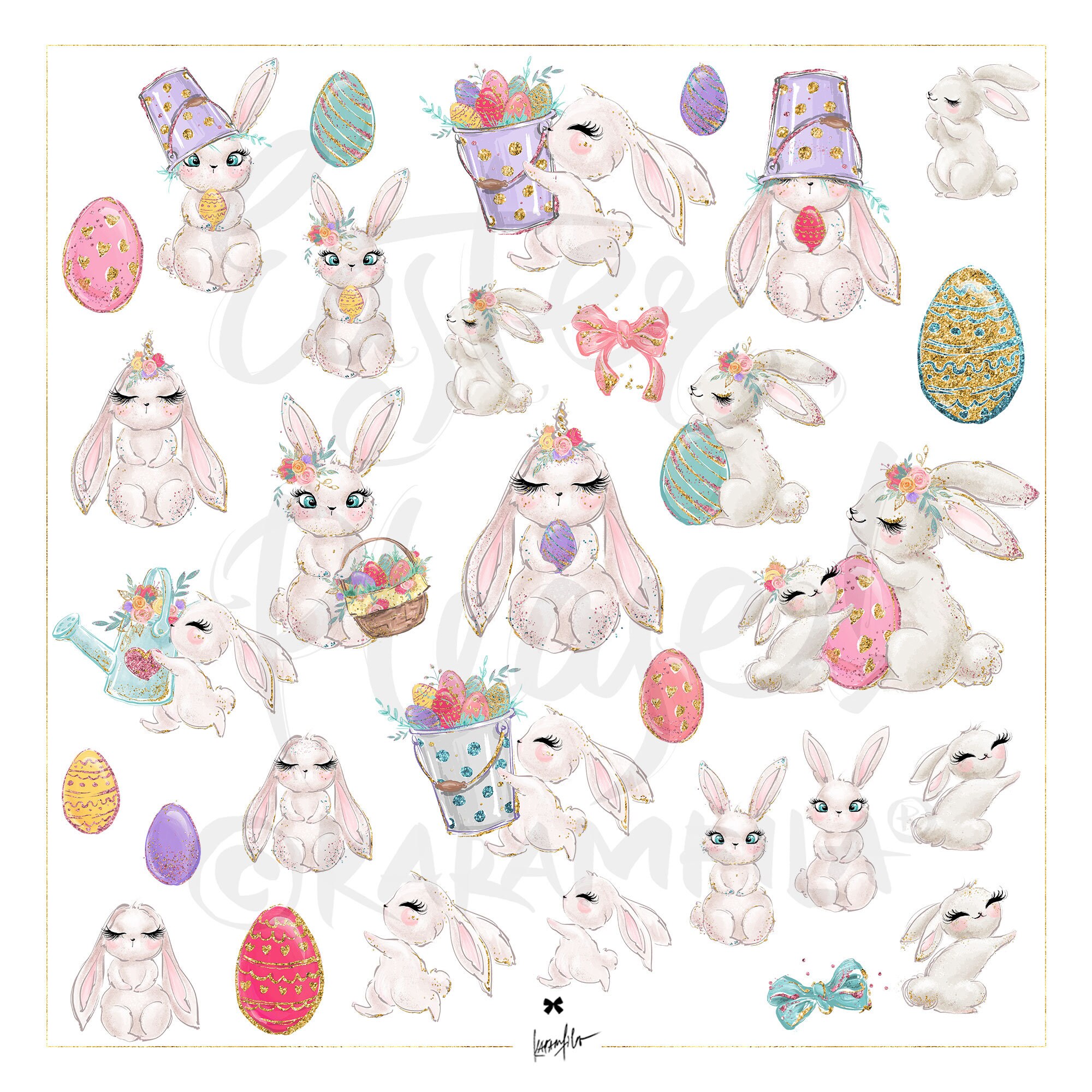 Easter Bunny Glitter Eggs Clipart, Karamfilas Whimsical Easter Pastel ...