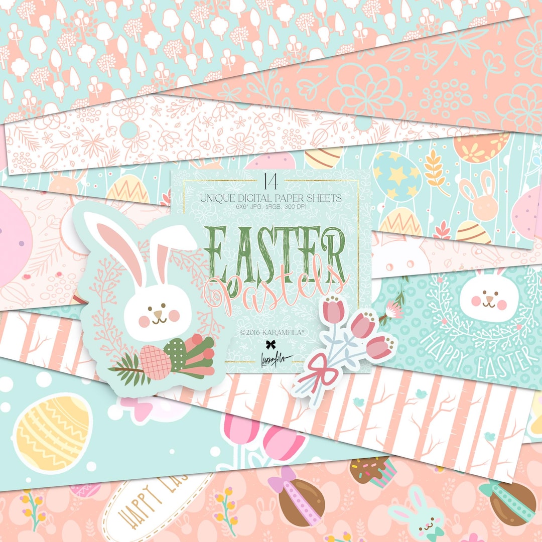 Pastel Easter Digital Paper Pack Karamfila Baby Bunnies Eggs Hunting ...