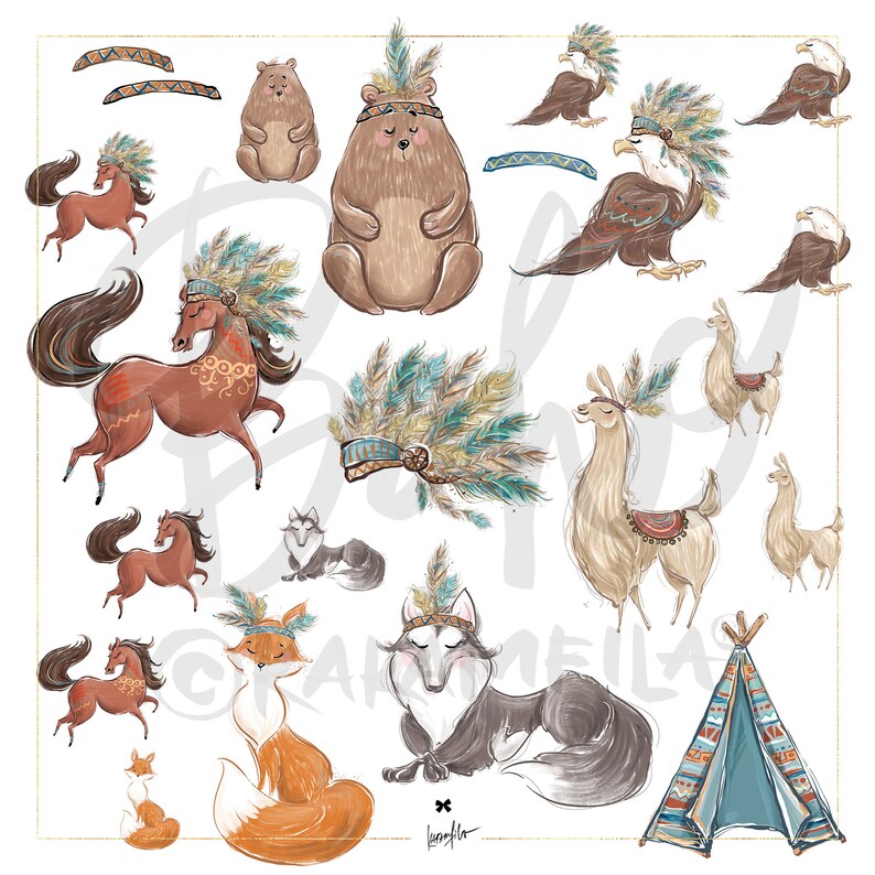 Boho Animals Clipart Native American's Feather Crown Tent Bear Fox Wolf ...
