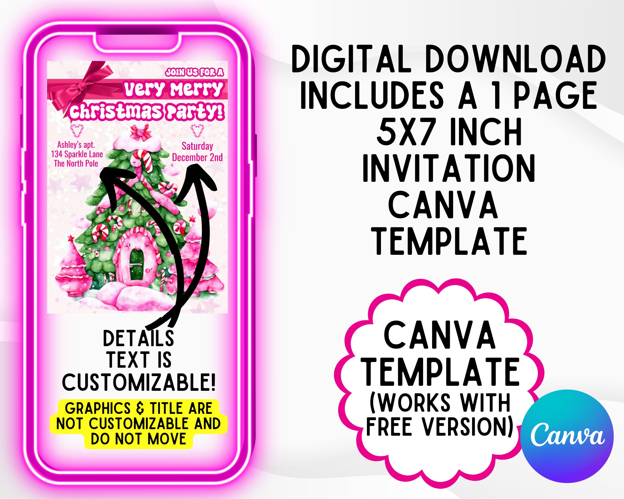 Pink Christmas Party Invitation Template, Very Merry Party Invite ...
