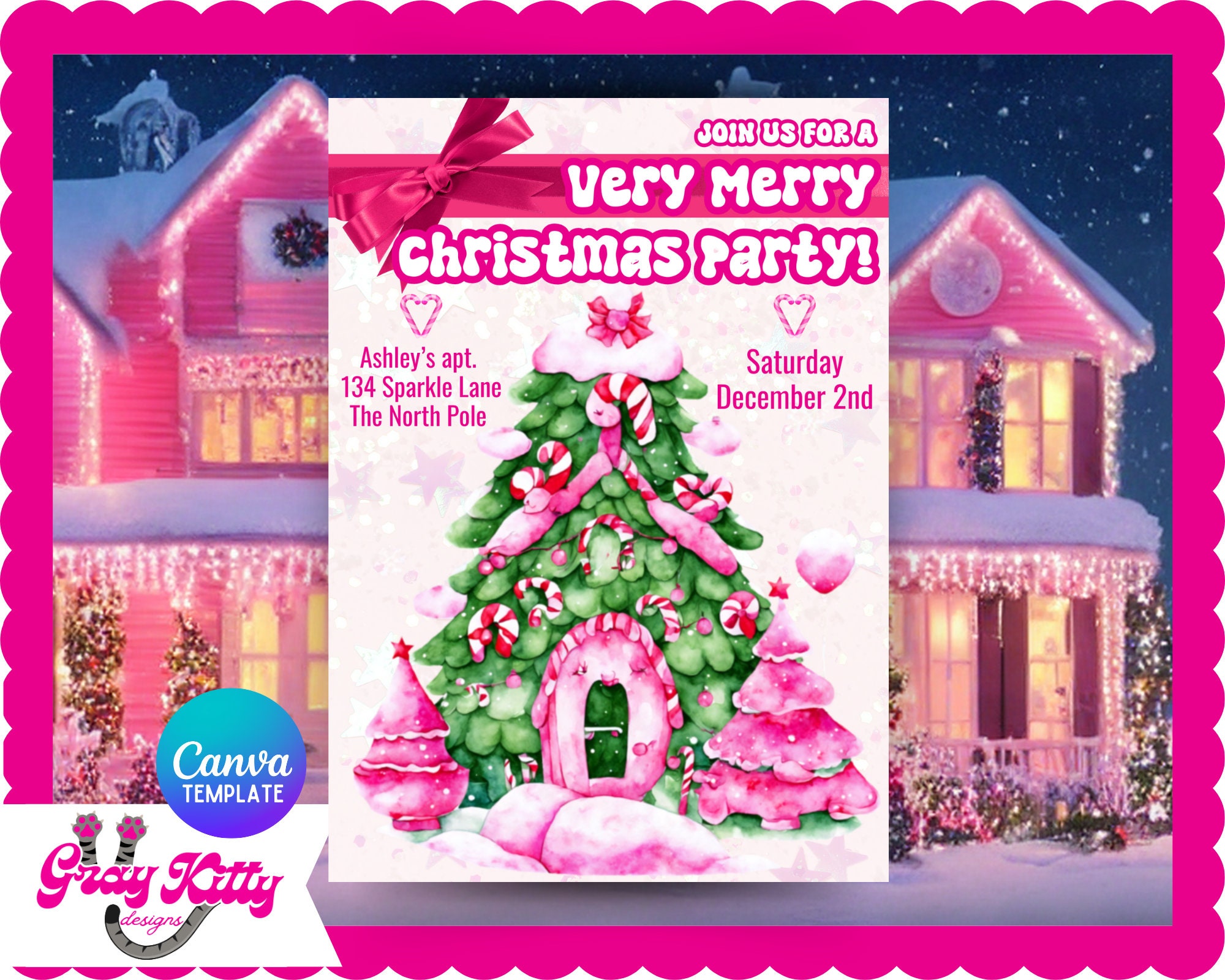 Pink Christmas Party Invitation Template, Very Merry Party Invite ...