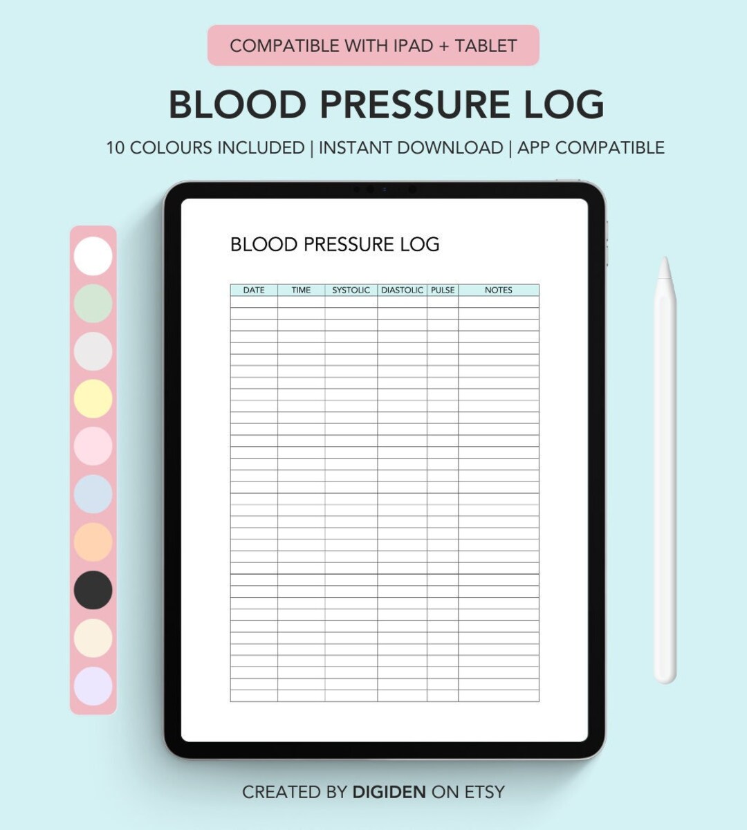 Blood Pressure Log Digital Template Blood Pressure Tracker Health Log ...