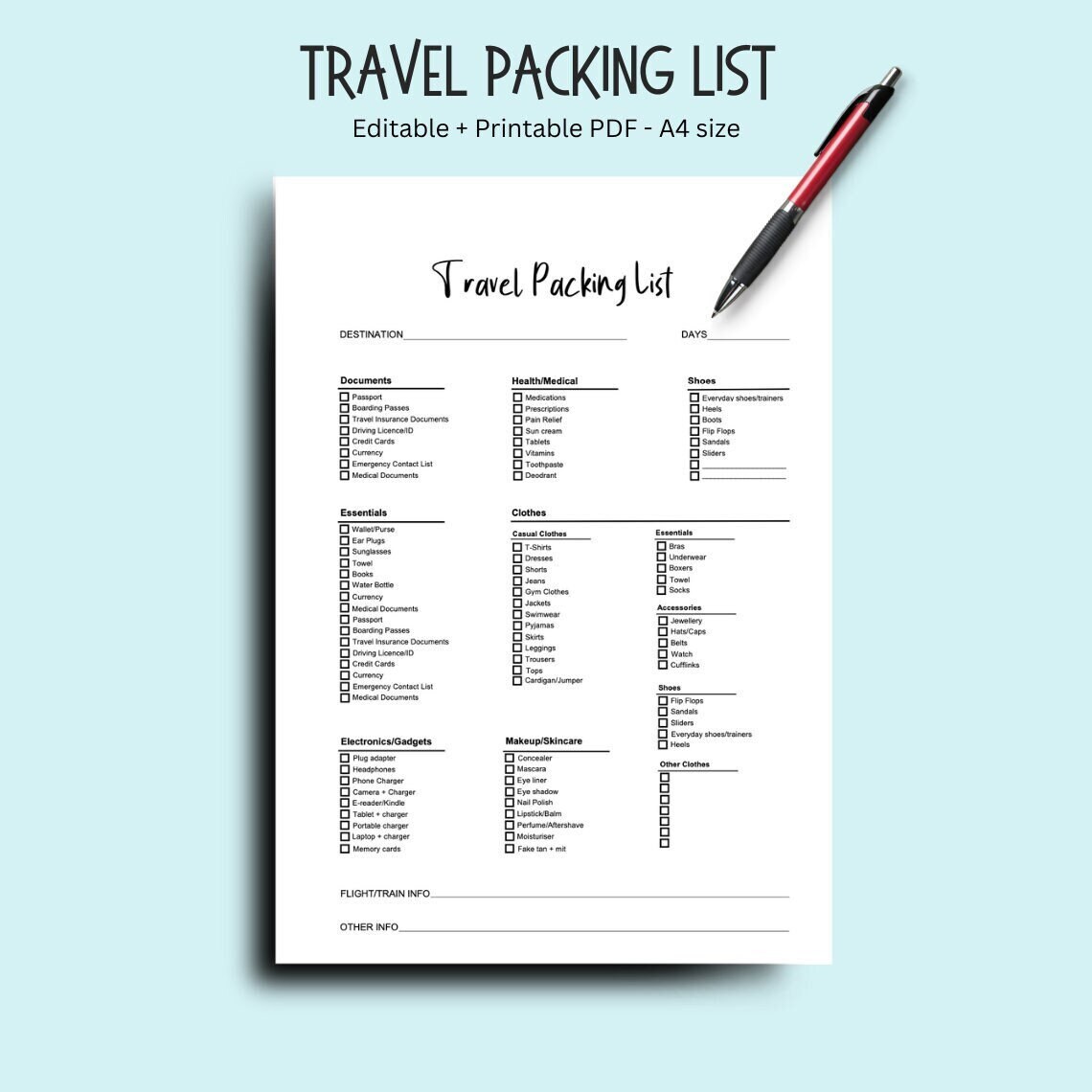 Customisable Travel Packing List, Travel Checklist, Travel Organiser ...