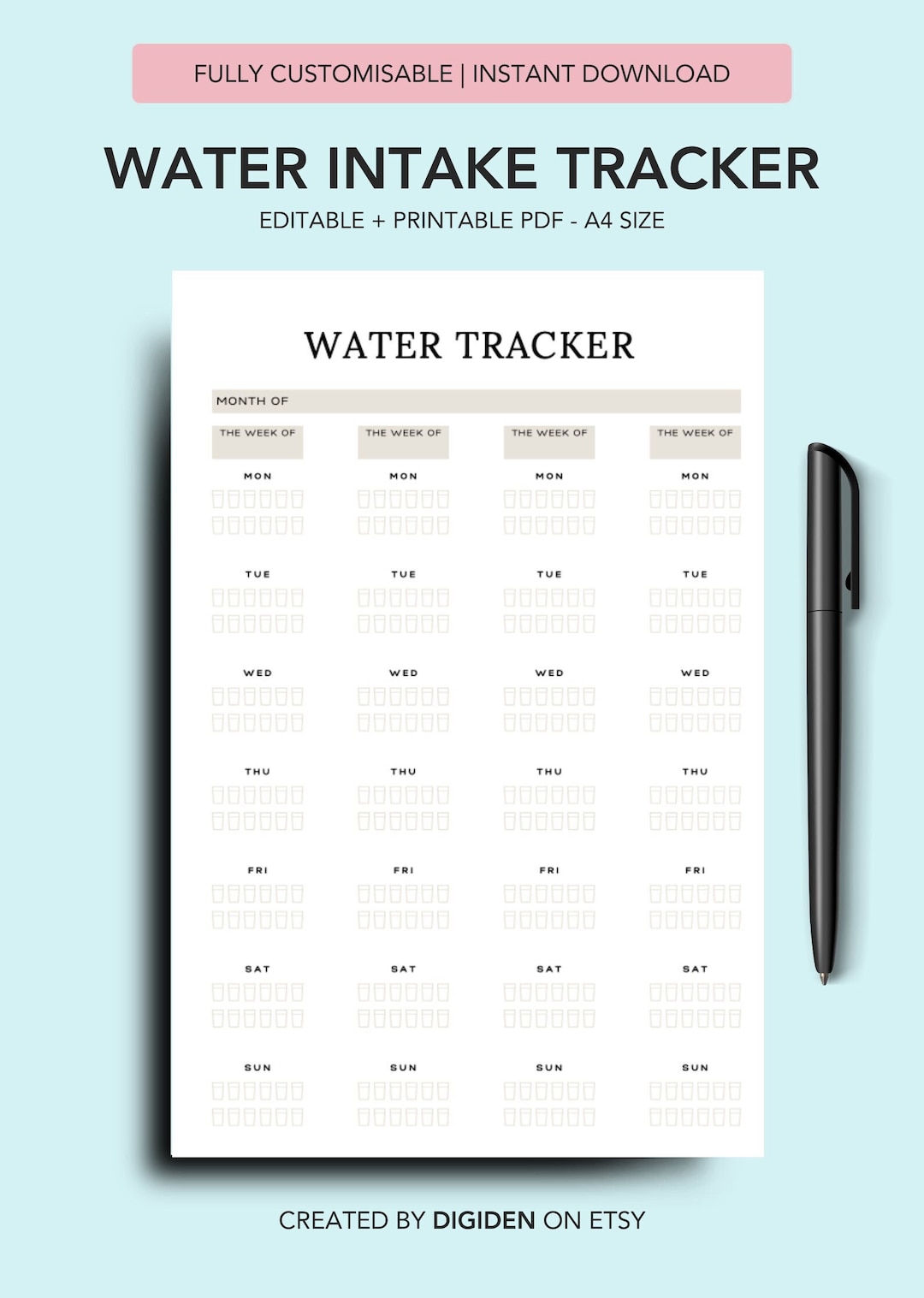 Water Intake Tracker Template Health Tracker Daily Water Daily Planner ...